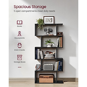 VASAGLE Bookshelf, 5-Tier Bookcase, Tall Display Shelf, Freestanding Storage Shelf, Room Divider, for Home Office, Living Room, Bedroom, Study, Ebony Black ULBC062T56