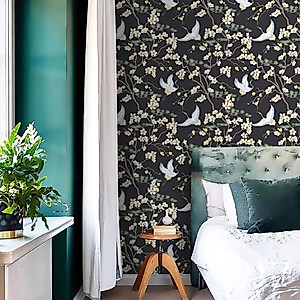 Micpolo Peel and Stick Wallpaper Black Floral Contact Paper Flowers and Birds Wall Paper Self Adhesive and Removable 16.1"x78"