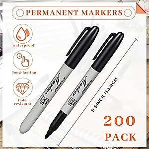 Epakh 200 Pack Permanent Markers Bulk Black Permanent Marker Set Fine Point Marker Pens Waterproof Markers Smear Proof Pens Works on Plastic, Wood, Stone, Metal and Glass(Black)
