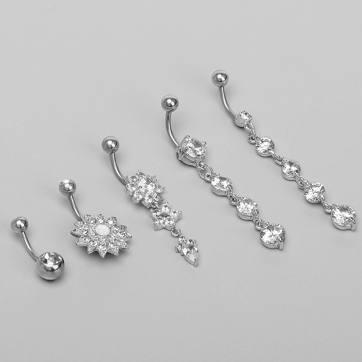 CrazyPiercing Dangle Belly Button Rings Surgical Stainless Steel for Women 5 PCS Set (Silver)