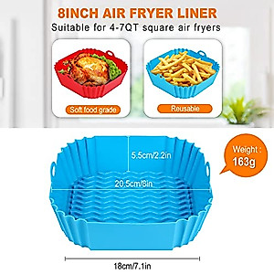 Boribim 2 PCS Square Silicone Air Fryer Liners - 8 Inch Reusable Air Fryer Pot - Air Fryer Accessories - Air Fryer Inserts for 4 to 7 QT for Oven Microwave Accessories (Red + Blue)