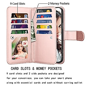 NJJEX Compatible with iPhone 13 Mini Case/iPhone 13 Mini Wallet Case 5.4" (2021), [9 Card Slots] PU Leather Credit Holder Folio Flip [Detachable] Kickstand Magnetic Phone Cover & Lanyard [Rose Gold]