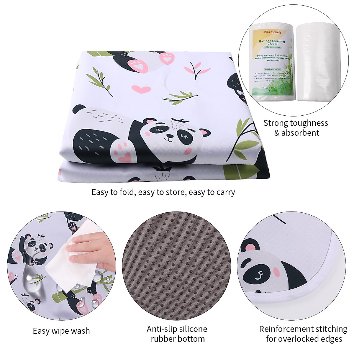 ChicMoments 59'' Huge Toddlers' Highchair Splat Mat, Panda Non-Slip Baby Place Mat, Kids' Leakproof Splash Spill Floor Mat with 2 Rolls Bamboo Clean Cloth (59 * 59‘’/150 * 150cm, Panda)
