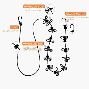 YOROYAL Travel Elastic Clothesline with 6pcs Portable Adjustable Clothes Hanger, 1 Pack Drawstring Organizer Backpack, Perfect for Camping, Hotel and Other Outdoor / Indoor Use (Black)