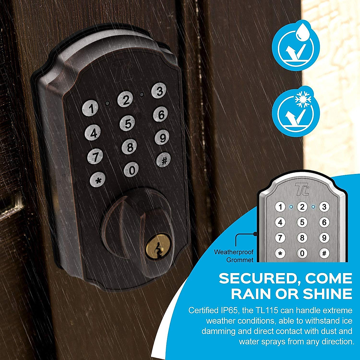 TURBOLOCK TL115 Smart Lock with Keypad and Voice Prompts | Digital Deadbolt w/ App for Unlimited eKeys | Code Disguise, Backup Keys + Micro-USB Port — Ready for Thicker Doors (IP65) (Bronze)