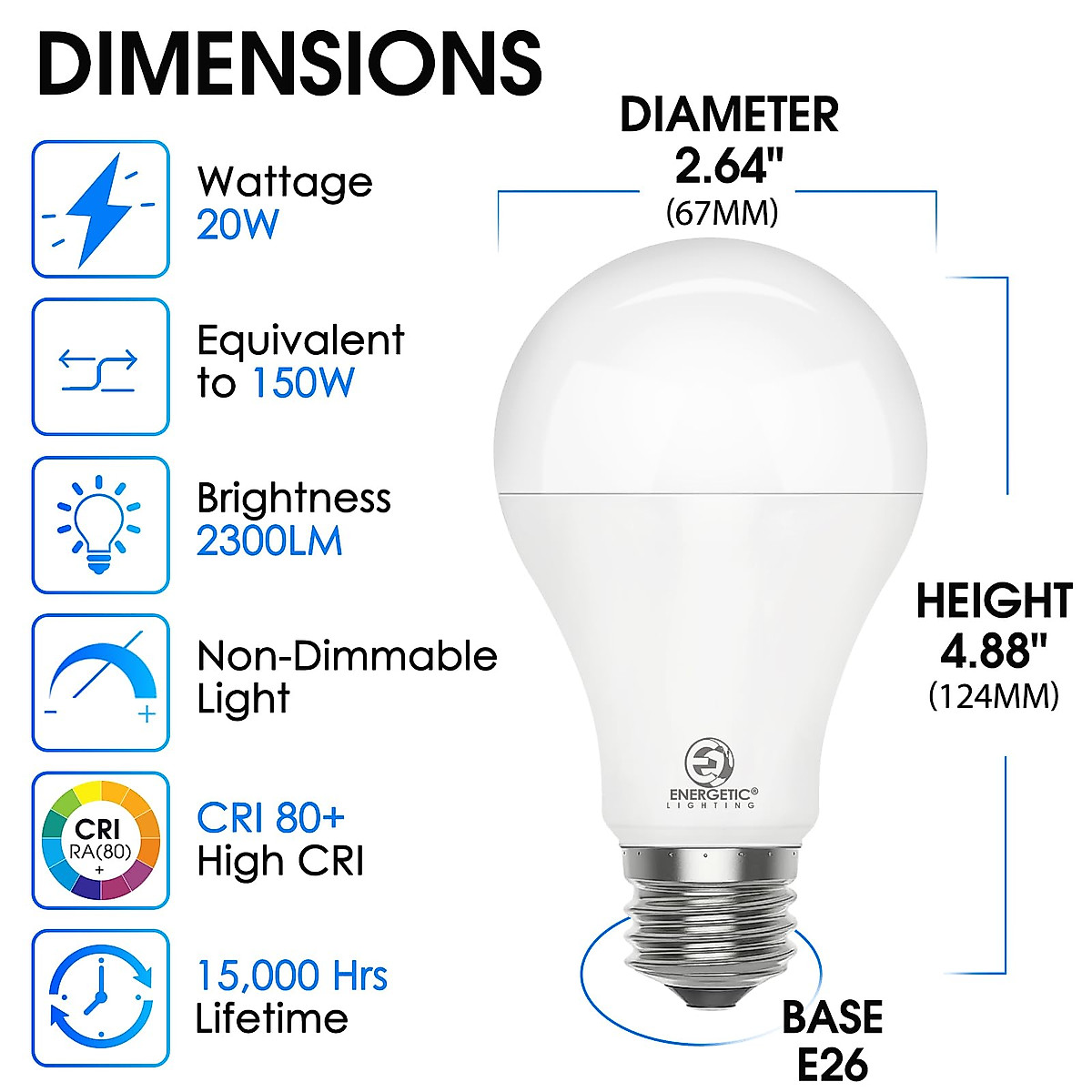 E ENERGETIC LIGHTING 6 Pack 150 Watt LED Light Bulb, Super Bright A21 Daylight 5000K, Non-Dimmable, 2300LM LED Bulb, High Lumen Light Bulbs, E26 Base, UL Listed