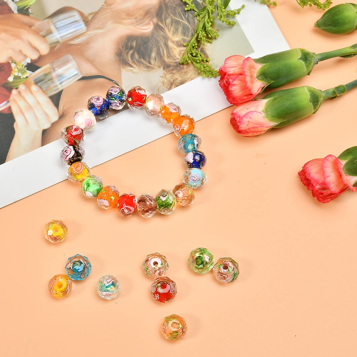 80pcs Flower Glass Bead Gold Sand Lampwork Beads Glass Handmade Round Loose with Hole 2mm Beads for Rosary Making Jewelry Craft Making (10MM)