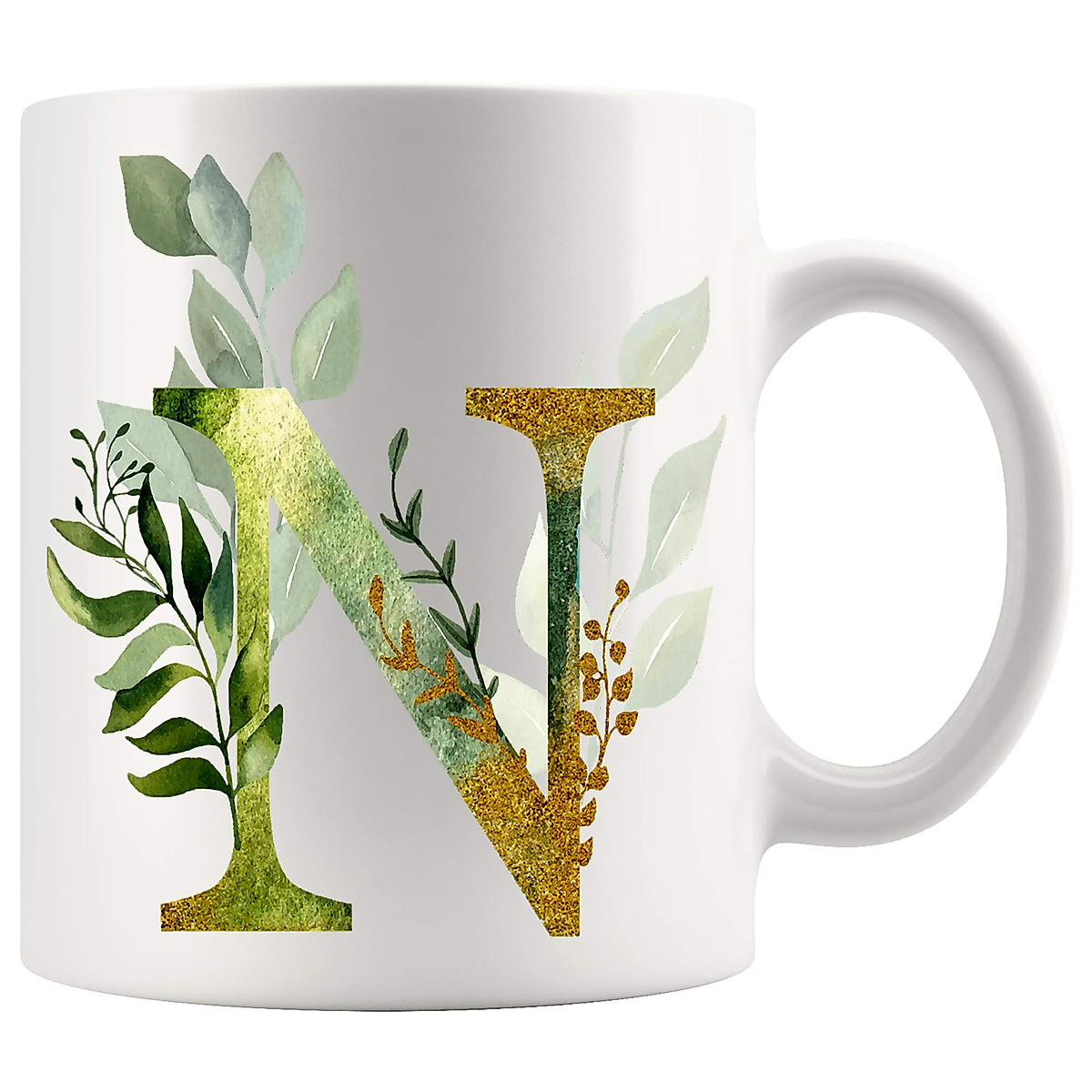 Alpha/N Graphic Letter N Coffee Mug - Alphabet Letter Monogram N - Gold Shimmer Any Letter Floral Alphabet Tea Coffee Hot Chocolate Cup For Her Birthday Christmas Mothers Day Coffee Mug 11oz