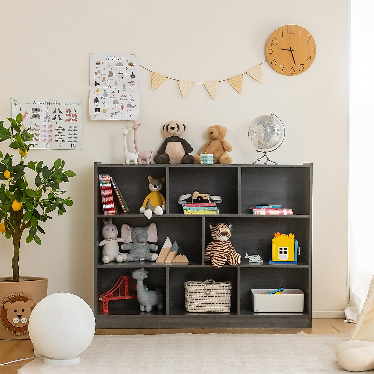 SILKYDRY 8 Cubes Organizer Bookcase, 3-Tier Open Bookshelf, Horizontal Storage Cabinet with Anti-Tilt Device, Floor Standing Wooden Book Display Shelves for Bedroom, Classroom, Office (Grey)