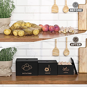 DALSHABET Potato and Onion Storage Bins, Premium Pantry Organizers and Storage, Bamboo Vegetable Garlic Keeper Solutions for an Organized Kitchen Black