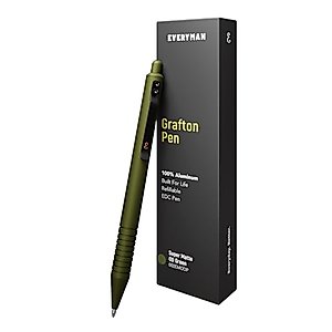 Everyman OD Green Super Matte Grafton Pen, Aluminum Pocket-Size Writing Pen, Luxury EDC Premium Ink Pen, Bold Point Ballpoint Pens, Office Supplies, Fine Point, Smooth Writing Pen with Grooved Grip