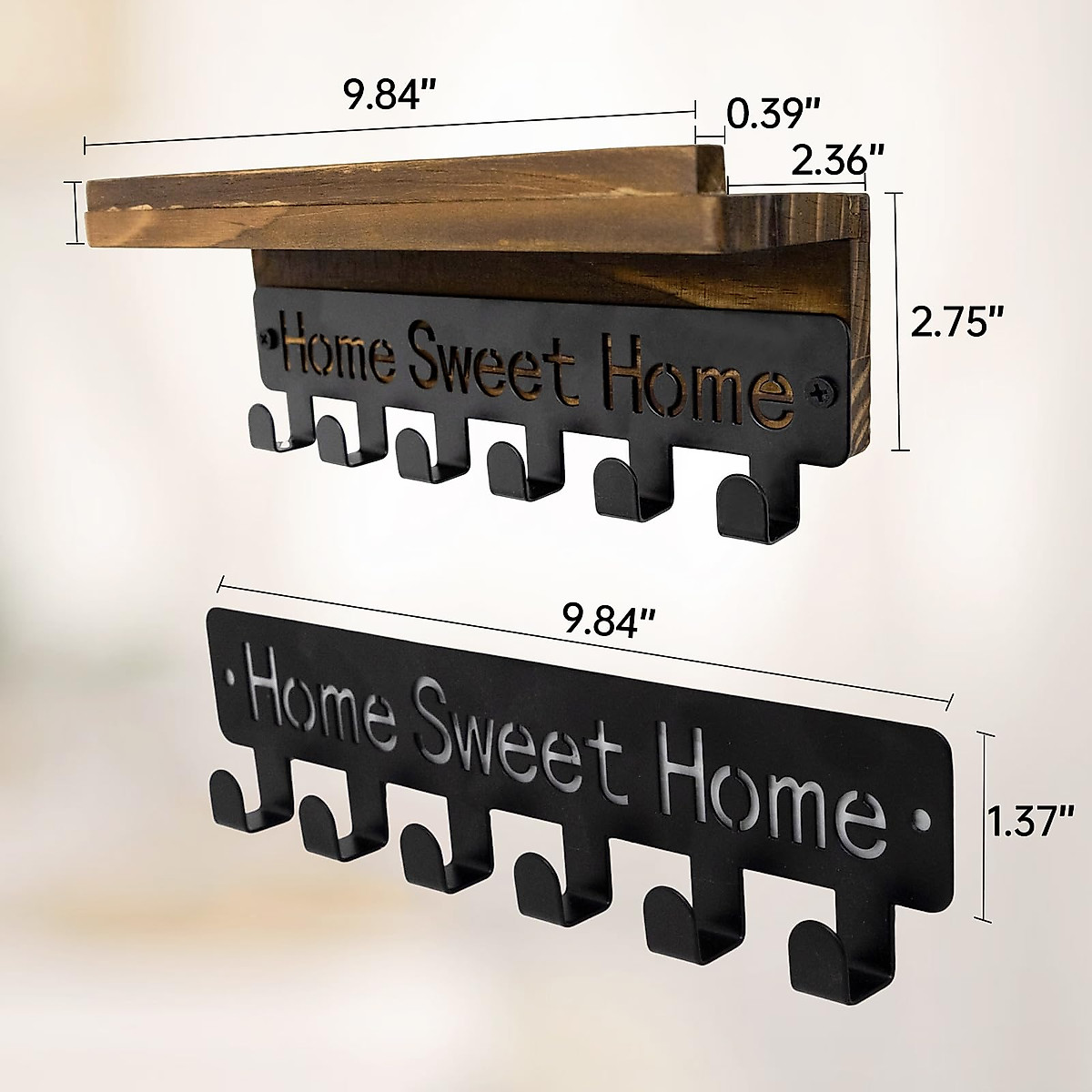 Iswabard Mail Holder with Key Hooks Key Holder for Wall Key Holder with Wooden Shelf, 6 Hooks, Key and Mail Holder Wall Mount Keys Holder on Wall Key Hanger Wall Mount (Brown)