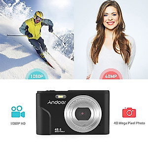Andoer Portable Digital Camera 48MP 1080P 2.4-inch IPS Screen 16X Zoom Auto Focus Self-Timer 128GB Extended Memory Face Detection Anti-Shaking with 2pcs Batteries Hand Strap Carry Pouch