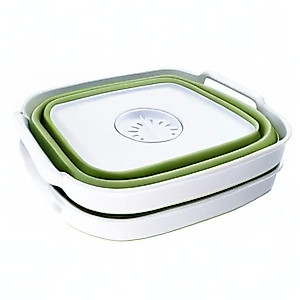 SAMMART 7.5L (2 gallons) Collapsible Plastic Dishpan with Draining Plug - Portable Washing Basin - Foldable Washing Tub - Pop Up Saving (Grey + Olive Green (Set of 2))