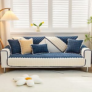 vctops Soft Corduroy Sofa Couch Cover, Plaid Sectional Couch Covers, Non-Slip Sofa Slipcover for Dogs Cats Kids(Navy,36"x47")