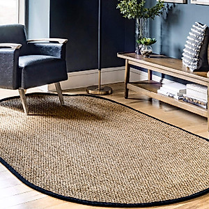 nuLOOM 8 Square Elijah Seagrass Area Rug, Black, Solid Farmhouse Style, Cotton Bordered, Basketweave, Natural Fiber, For Bedroom, Dining Room, Living Room, Hallway, Office, Kitchen, Entryway