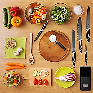 Moss & Stone Professional Kitchen Knife Chef Set, Knife Set With Block, Kitchen Knife Set Black Titanium Plated Stainless Steel Scratch Resistant & Rust Proof, 7pcs Sharp Kitchen Knives.