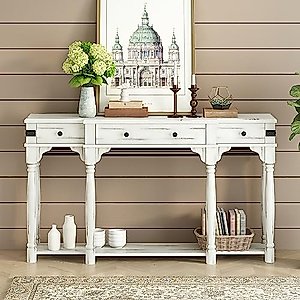 Bellemave Console Table Entryway Table with 3 Storage Drawers and Open Style Shelf Retro-Style Sofa Table for Living Room, Couch, Hallway, Foyer, Kitchen Counter (Creamy White)