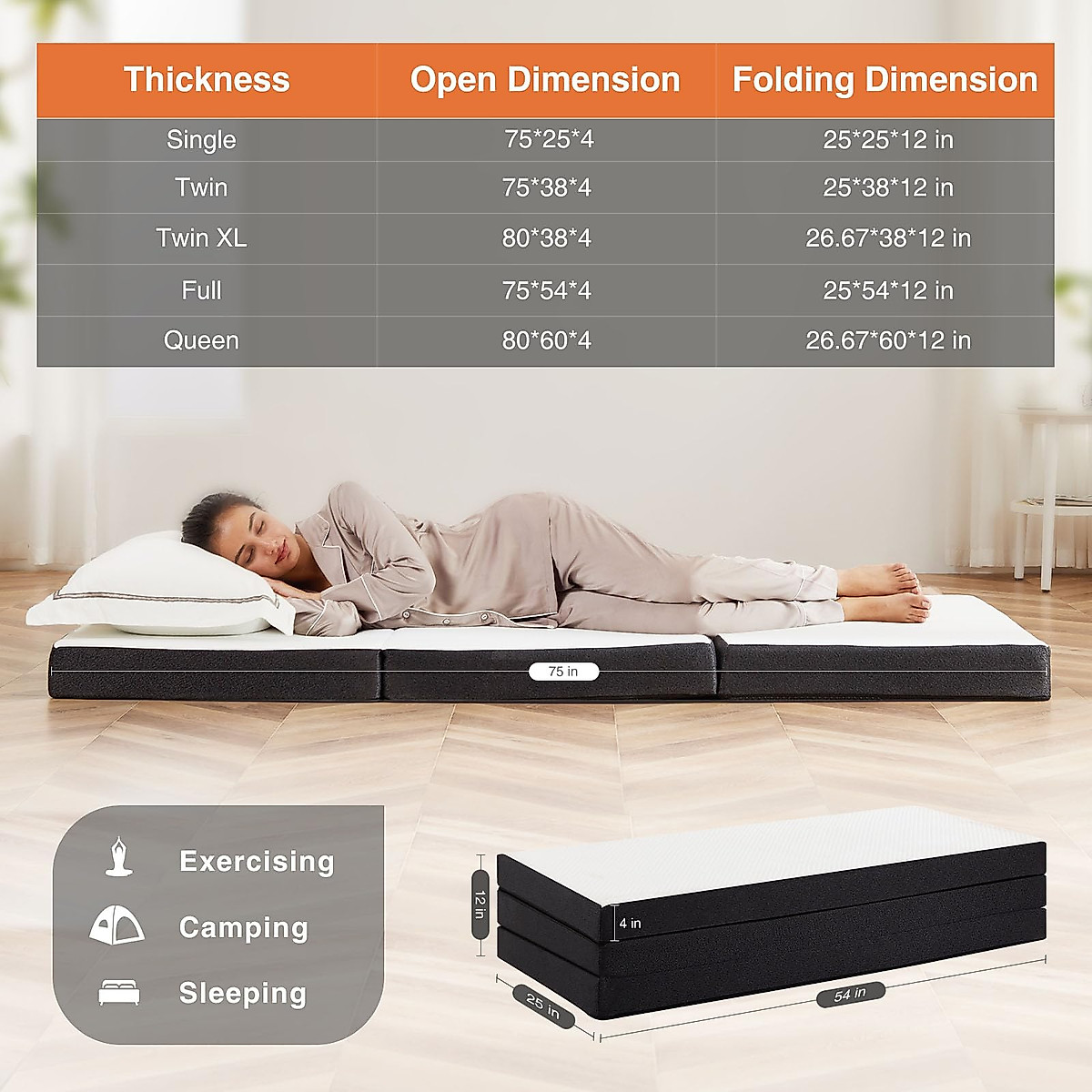 Sweetcrispy Folding Mattress, 4 inch Tri-fold Memory Foam Mattress Topper for Camping, Foldable Mattress Topper with Washable Cover, Guest - Full Size, White