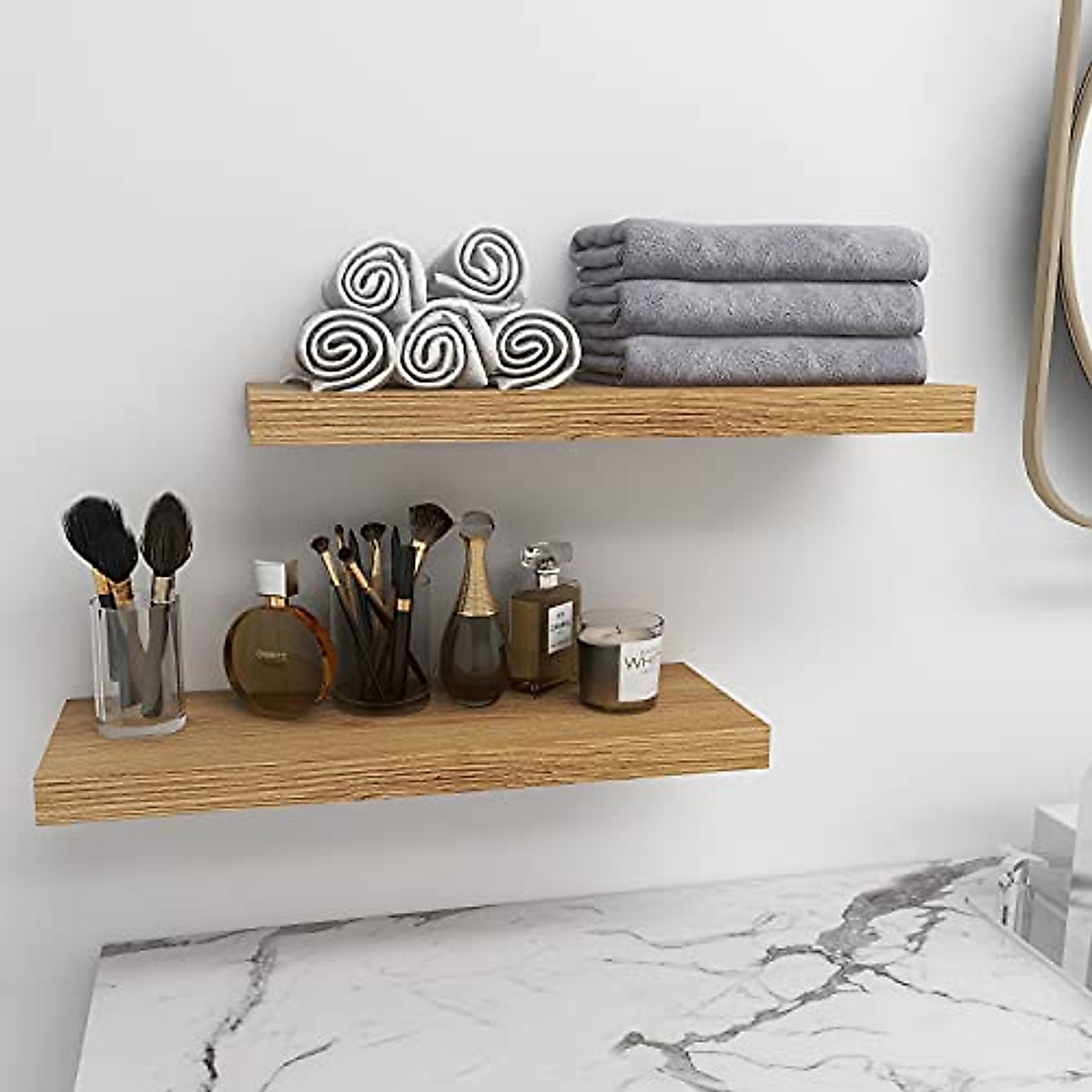 INHABIT UNION Oak Floating Shelves for Wall，24in Wall Mounted Display Ledge Shelves Perfect for Bedroom, Bathroom, Living Room and Kitchen Decoration Storage (Oak)