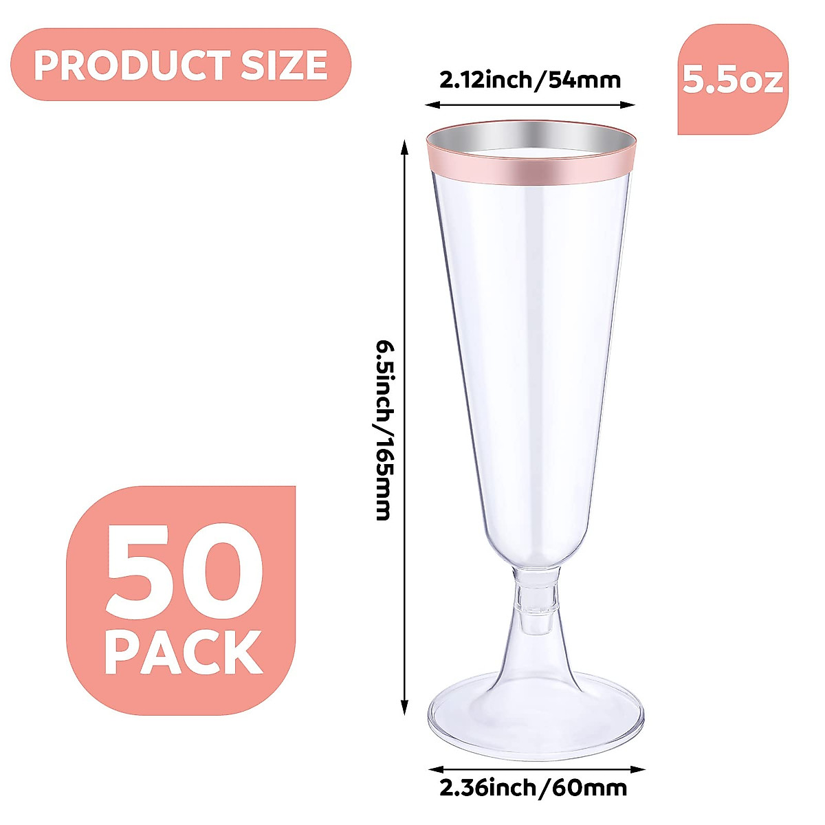 Thenshop 50 Pack Rose Gold Plastic Champagne Flutes 5.5 oz Elegant Clear Disposable Champagne Glasses Detachable Hard Toasting Glasses for Wedding Party Fancy Vino Cocktail Cups