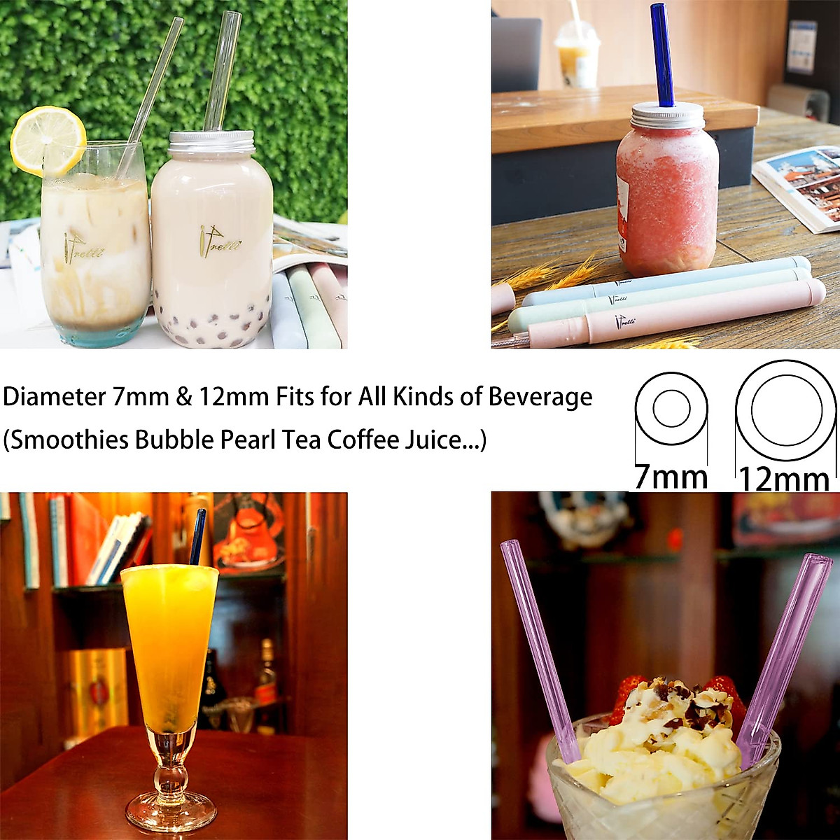 Ipretti 2 Packs Reusable Glass Drinking Boba Smoothie Straws with Wheat Straw Portable Cases,Cleaning Brushes,7mm/12mm x 8.27",Bubble Tea (Clear+Pink)