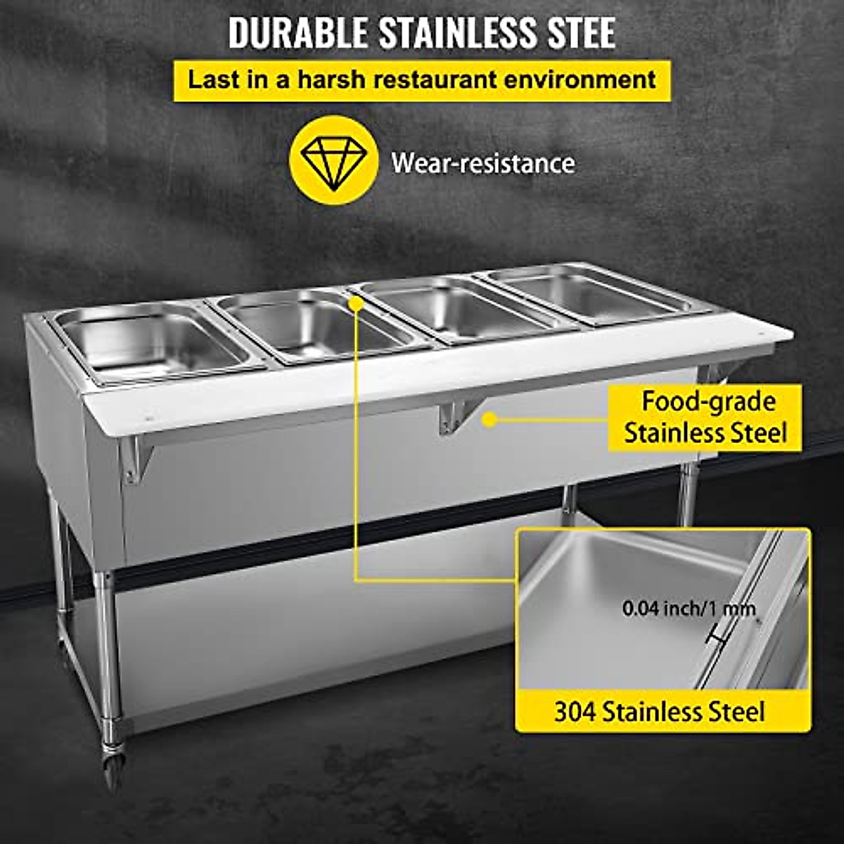 VEVOR Commercial Electric Food Warmer, 4-Pot Steam Table Food Warmer 0-100℃ w/ 2 Lockable Wheels, Professional Stainless Steel Material for Catering and Restaurants