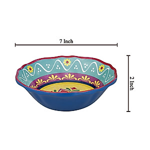 UPware Melamine Dinner Bowl Set of 6, BPA-Free Dishwasher Safe Round Bowls, Dinnerware Kitchen Bowls for Pasta, Rice, Soup, and Salad, 7 Inch Bowls (Fiesta Floral)