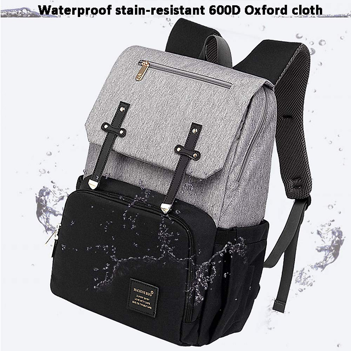 Mummy Diaper Bag Backpack Multi-Function Waterproof Travel Nappy Bags for Baby Care, Large Capacity, Stylish and Durable, USB Charging Port for Bottle Warmer, Black-Grey