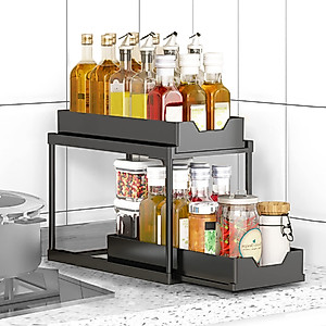 Lorfrecle Under Sink Organizers and Storage, 2-Tier Pull-Out and Sliding Under the Sink Cabinet Drawer Type Storage Cabinet (Plastic, Black)