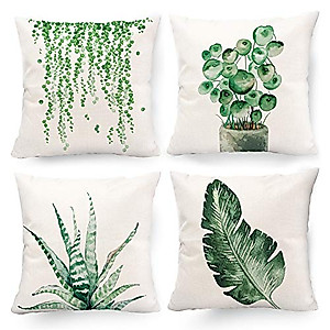 Hexagram Decorative Green Plant Pillow Covers 18x18, Succulent Green Leaf Summer Throw Pillow Covers Set of 4 for Living Room Couch Sofa Patio Outdoor Indoor Summer Cactus Green Home Decor