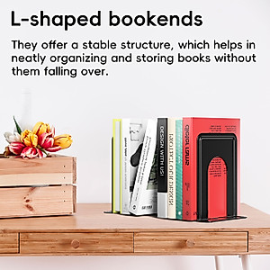 Bookends, Bookend Supports Heavy Duty Metal Bookend Support, Book Ends Supports for Shelves Decor Home Office School (1 Pair/2 Pieces, Black)
