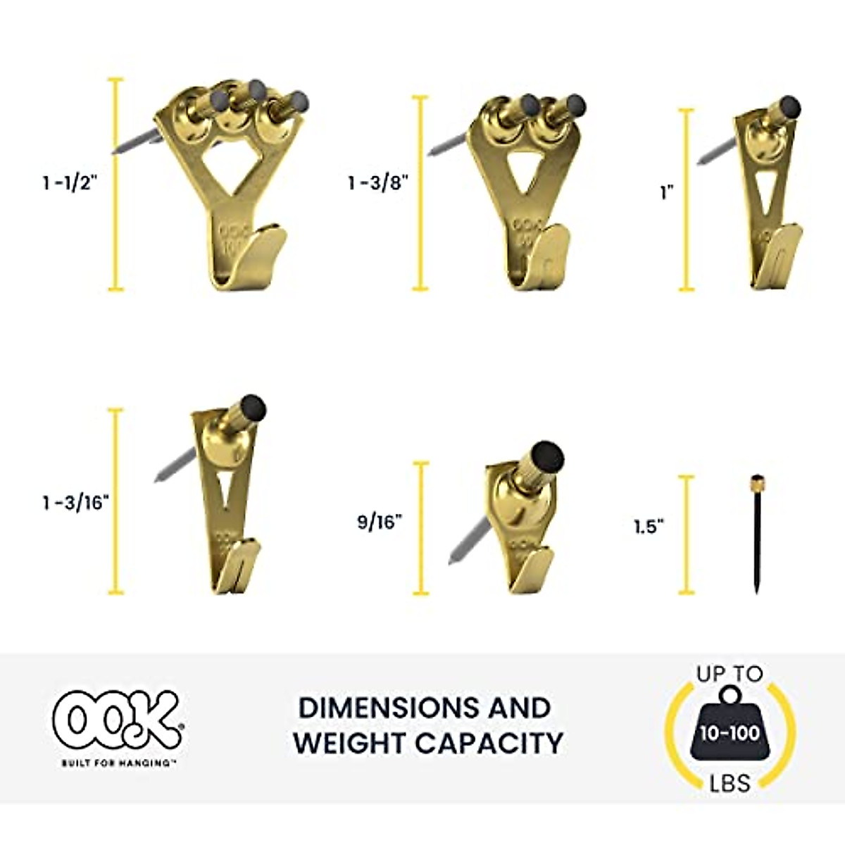 OOK 50918 Professional Picture Hangers, Art Hangers, Padded, Brass, Reusable Picture Hooks, 5-100lb (Value Pack)