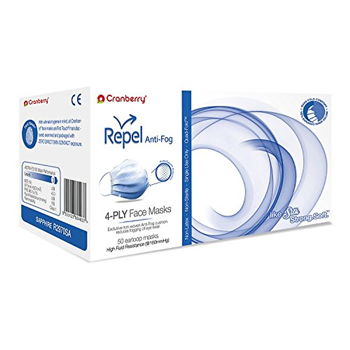 Cranberry USA R2970SA Repel 4-Ply Ear Loop Face Mask, Anti-Fog, Sapphire (Pack of 50)