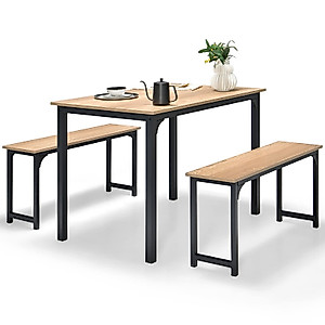 COSTWAY 3 PCS Dining Table Set for 4, Rectangular Kitchen Table with 2 Benches, Industrial Counter Height Table Set with Anti-slip Pads, Heavy Duty Steel Frame for Dining Room, Kitchen, Bar (Natural)