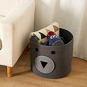 COMEMORY Cotton Rope Storage Basket with Cute Bear Design, Foldable Rope Bin Basket, Decorative Animal Basket for Toys, Blanket, Towels, Clothes, 12"(D) x 10"(H)