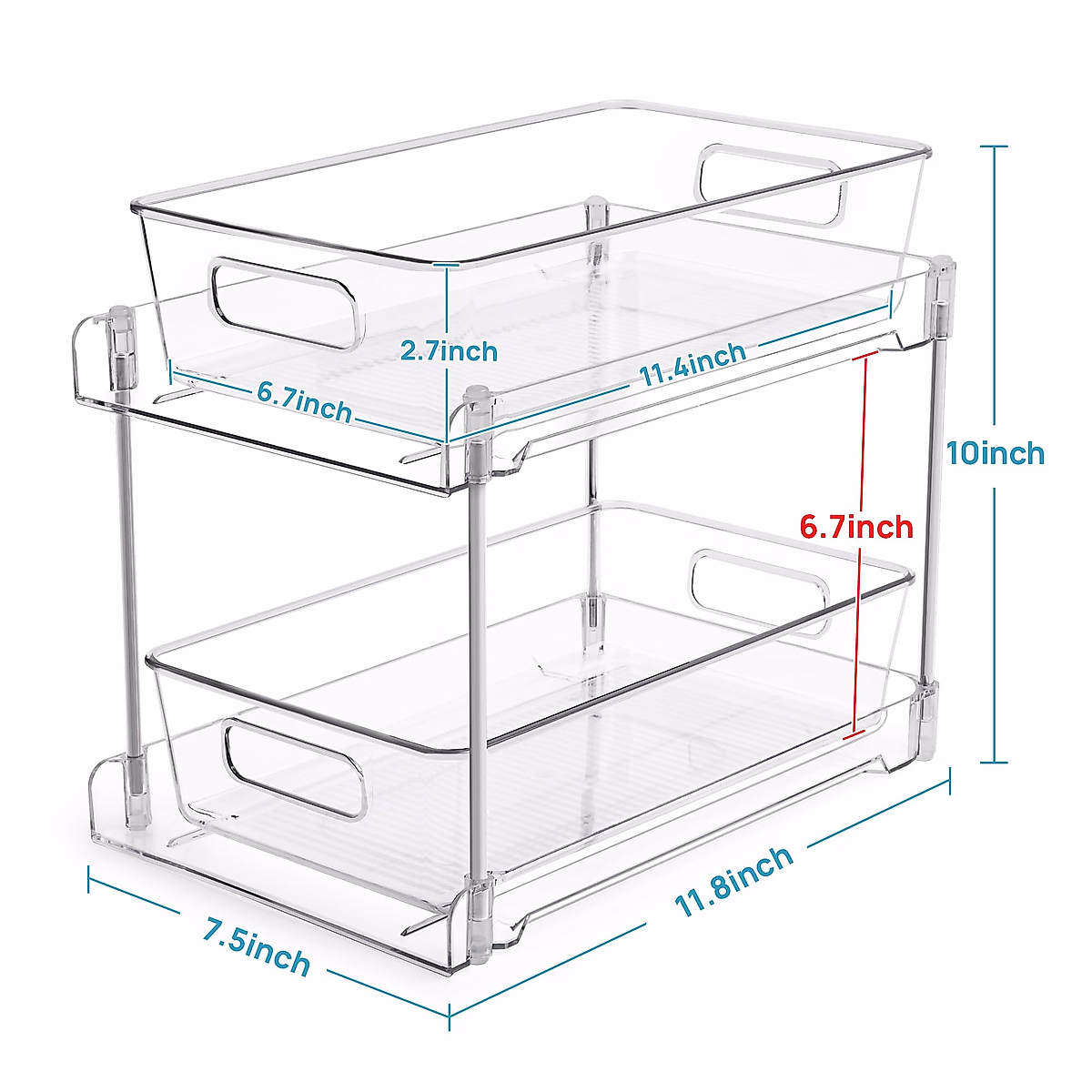 Vtopmart 2 Tier Bathroom Storage Organizer, 2 Pack Clear Under Sink Organizers Vanity Counter Storage Container, Medicine Cabinet Drawers Bins, Pull-Out Organization with Track for Pantry, Kitchen
