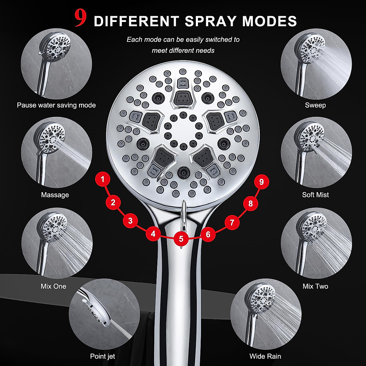 BSTKEECL 14”High Pressure Rain Shower Heads with Handheld Spray with Long Hoes Combo Rainfall Showerhead with 9Shower Water Sprayer Modes & Adjustable Extension Arm CP