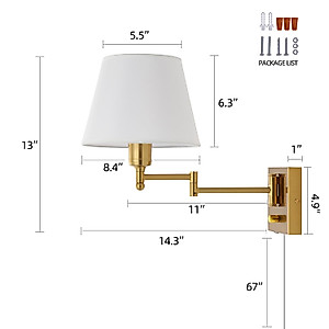 Affsure Bedside Wall Mount Light with Dimmable Switch, Swing Arm Fabric Shade Wall Sconce Light with USB Port and Plug in Cord, Gold Wall Lamp for Bedroom, Living Room and Hotel