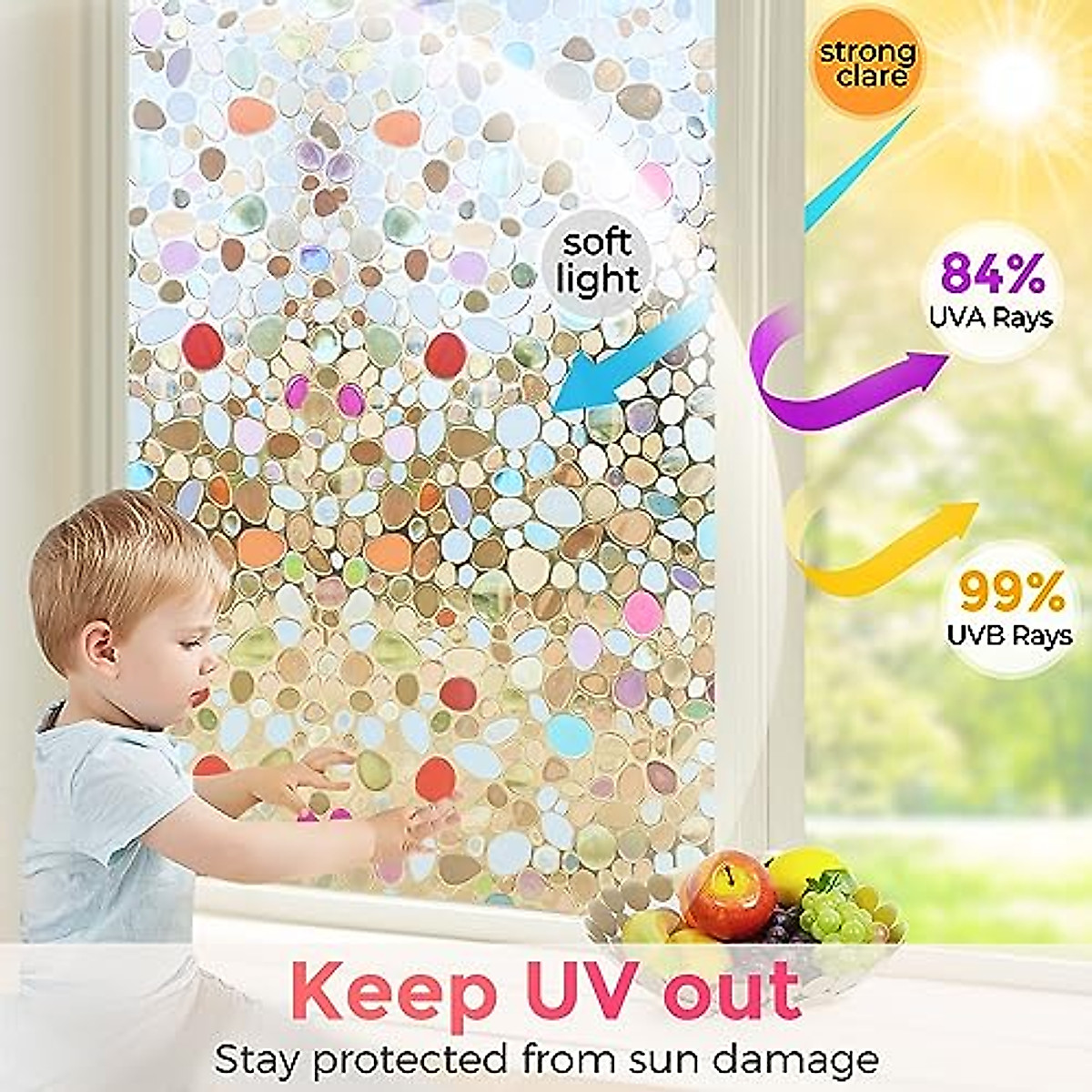 Rainbow Window Privacy Film 3D Decorative Stained Glass Window Film Sun UV Blocking Home Window Tint Non-Adhesive Static Cling Bathroom Door Window Coverings Glass Decals Windows Stickers,17.5*78.7 In