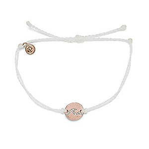 Pura Vida Rose Gold Wave Coin Bracelet - 100% Waterproof, Adjustable Band - Brand Charm, White