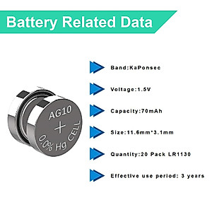 KaPonsec 20 Pack LR1130 AG10 389 1.5V Button Coin Cell Battery