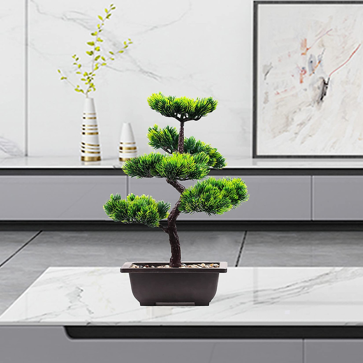 HinyoCo Artificial Large Plants Bonsai Pine Tree,Welcoming Pine Tree Potted Plant Ornament Plastic Simulation Fake Tree Bonsai Living Room Garden Office Shop Décor-11×15.5"