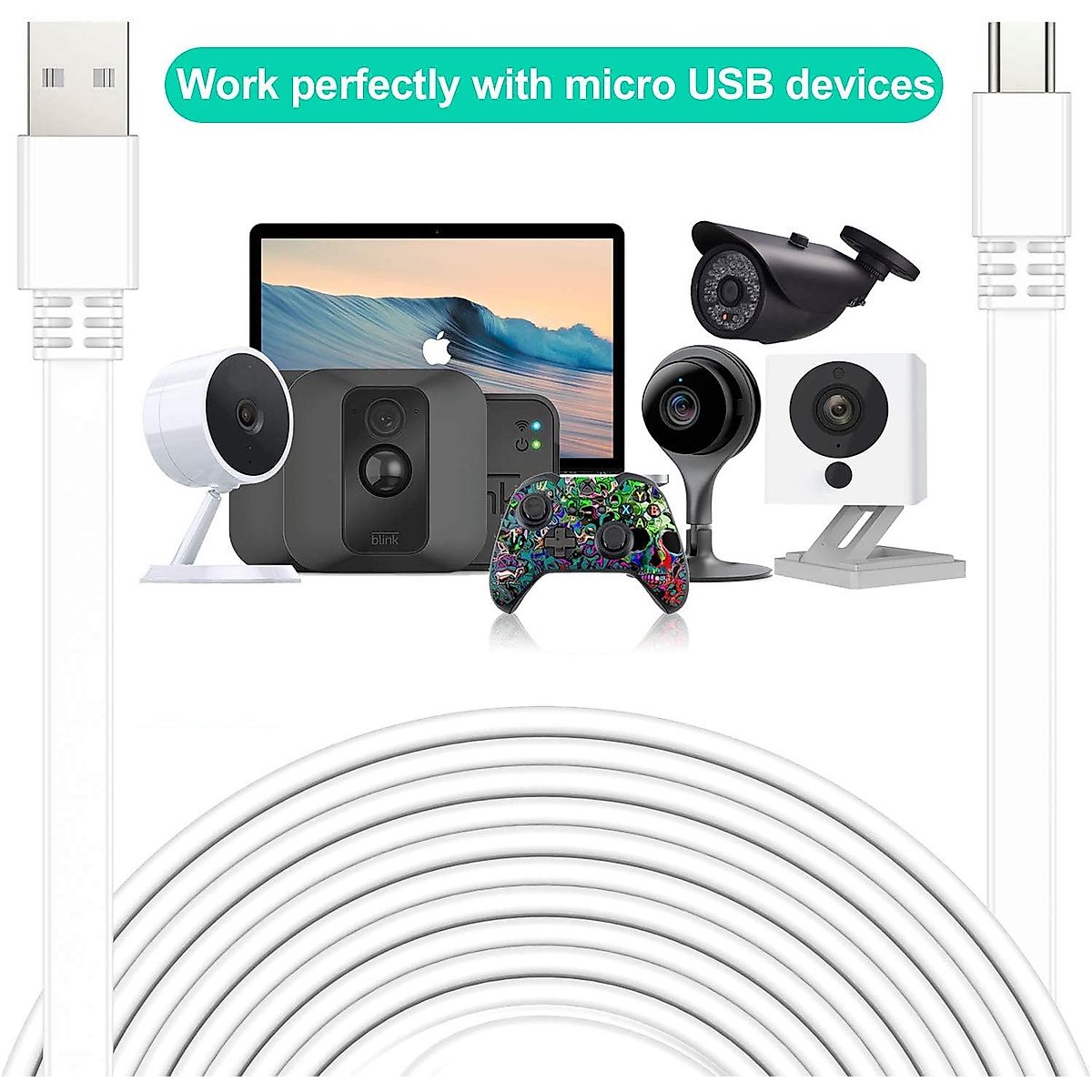 Itramax Micro USB Power Cable 30 FT (2 Pack),Flat Micro USB Charging Power Cord,Charger for Wyze Cam V3 V4,Yi,Nest Cam,Blink Mini XT XT2 Outdoor 3rd Camera,Arlo Q,Zmodo,Netvue,Xbox Controller,25