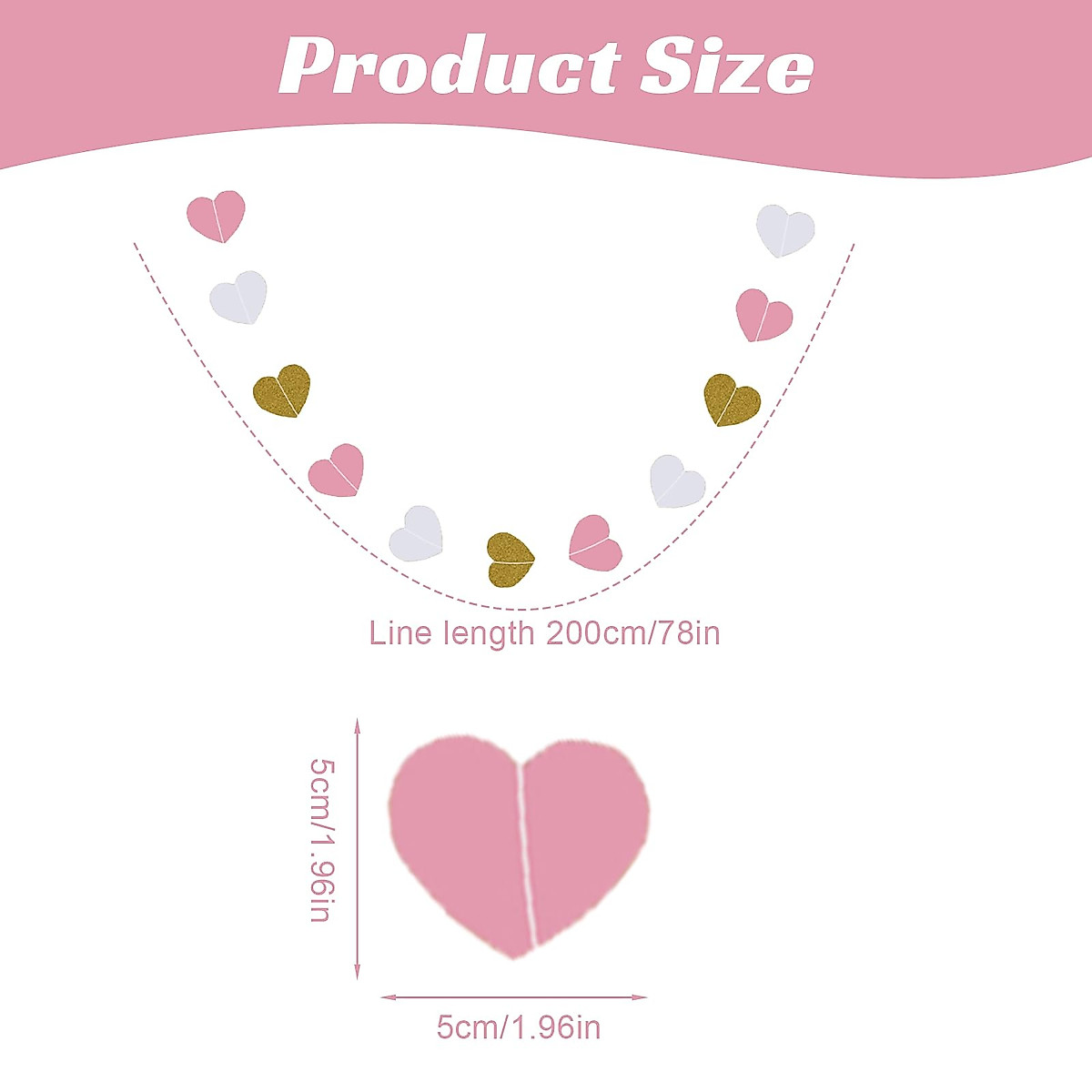 Glitter Gold Pink Heart Garland Paper Heart Streamers - 6.5 Feet Hanging Heart Banner Photographic Backdrop for Valentines Day Bridal Shower Wedding Engagement Birthday Party Decoration