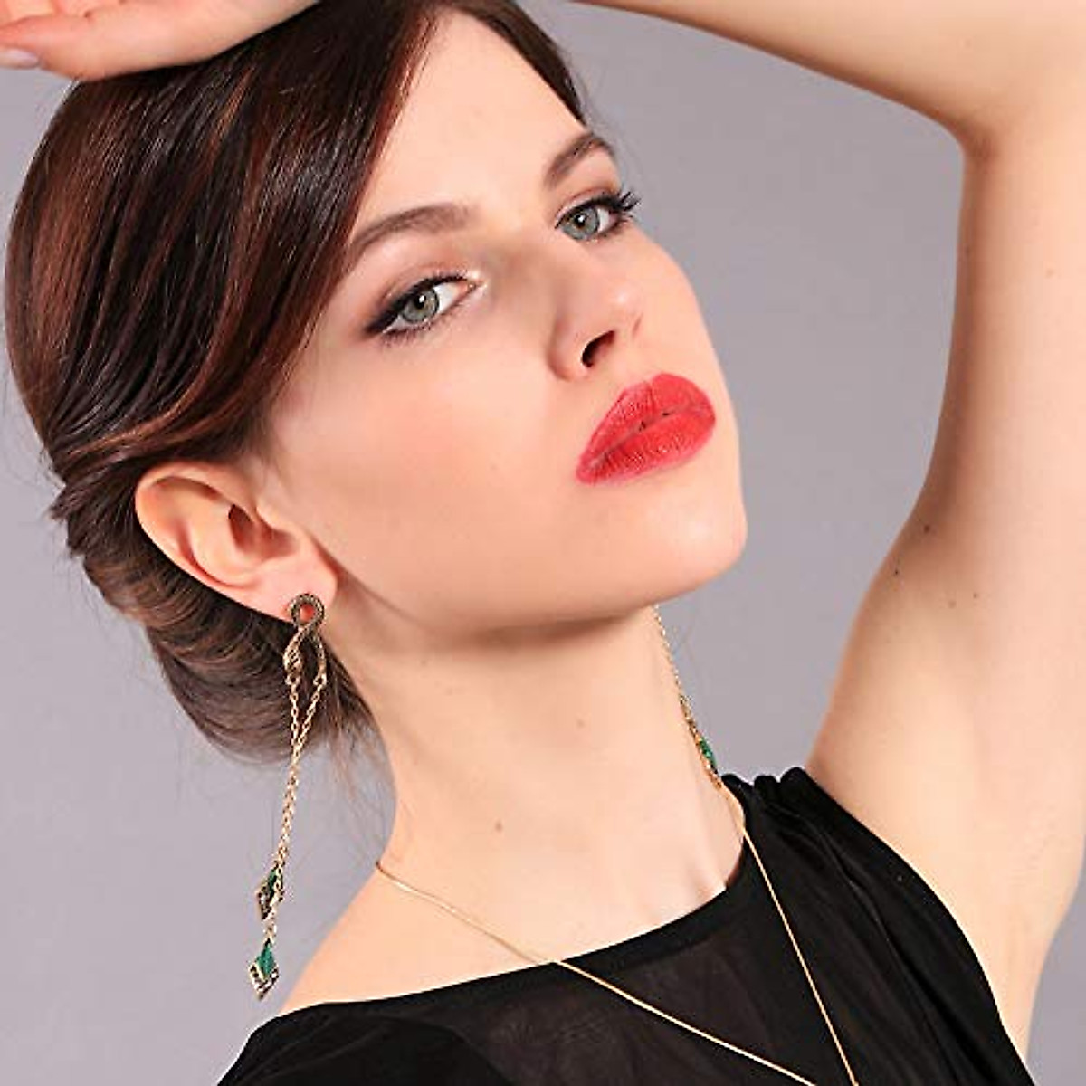 Vintage Green Rhinestone Long Drop Snake Earrings Studs