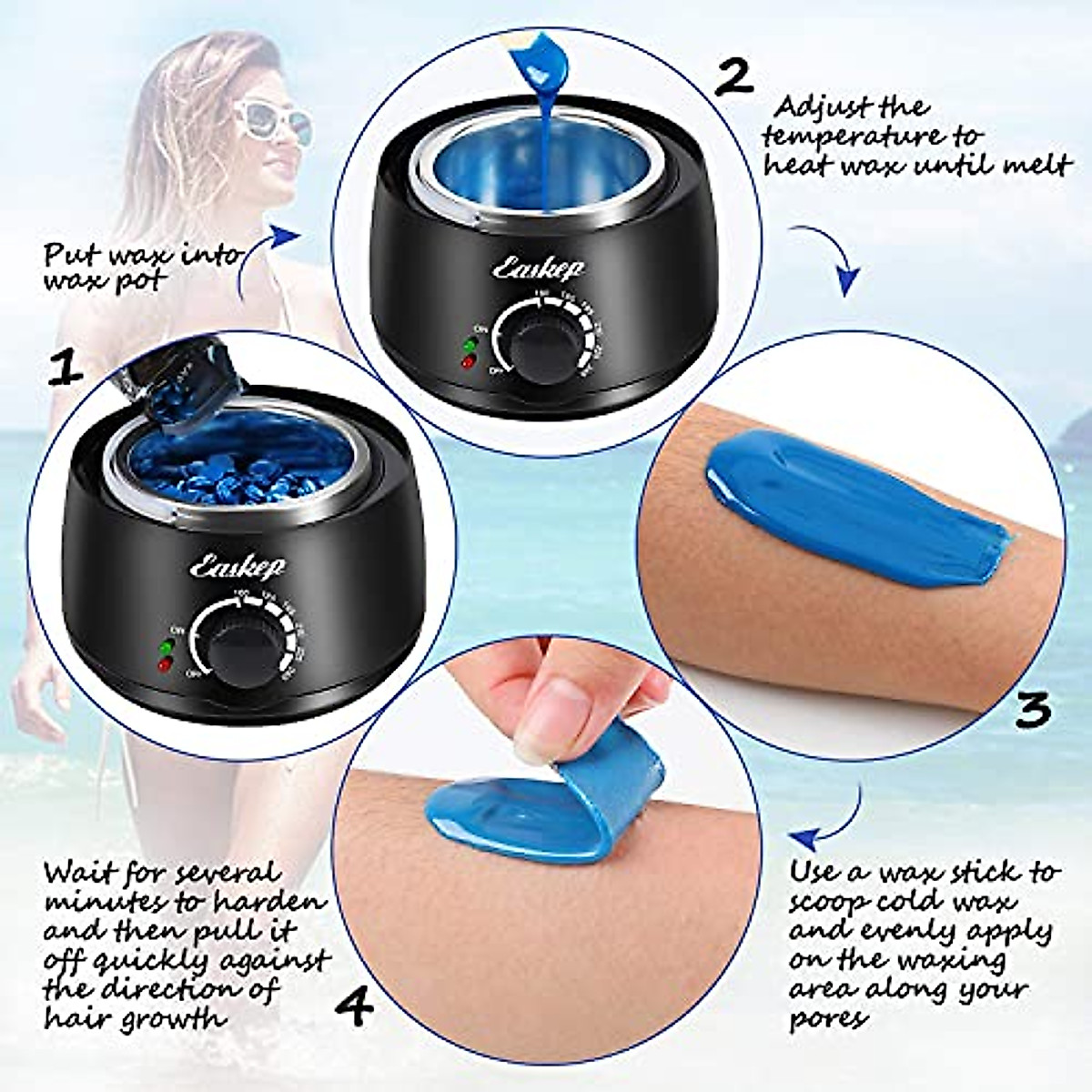 Waxing Kit Wax Warmer Easkep - Wax Kit Hair Removal 6 Adjustable Temperature with 5 Packs Hard Wax Beads and 20 pcs Wooden Applicator Sticks Painless for Legs Face Underarm Bikini Brazilian…
