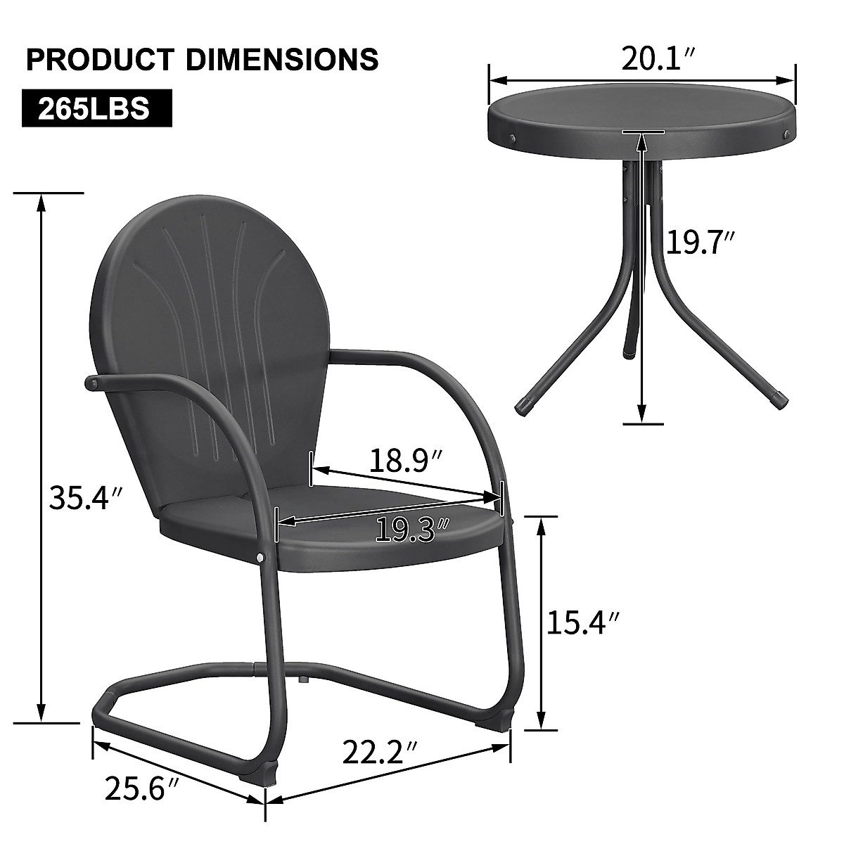 PURPLE LEAF Outdoor Metal Patio Chairs Bistro Set of 2 Spring Chairs with Dining Table Set Weather Resistant Retro Patio Furniture, Grey