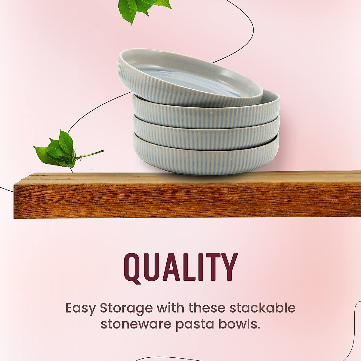 American Atelier 9-Inch Pasta Bowl (Set of 4) - 42 oz Unique Porcelain Dinner Bowls - Versatile Modern Dinnerware for Salads, Soups, Special Occasions & Casual Dining (Light Blue)