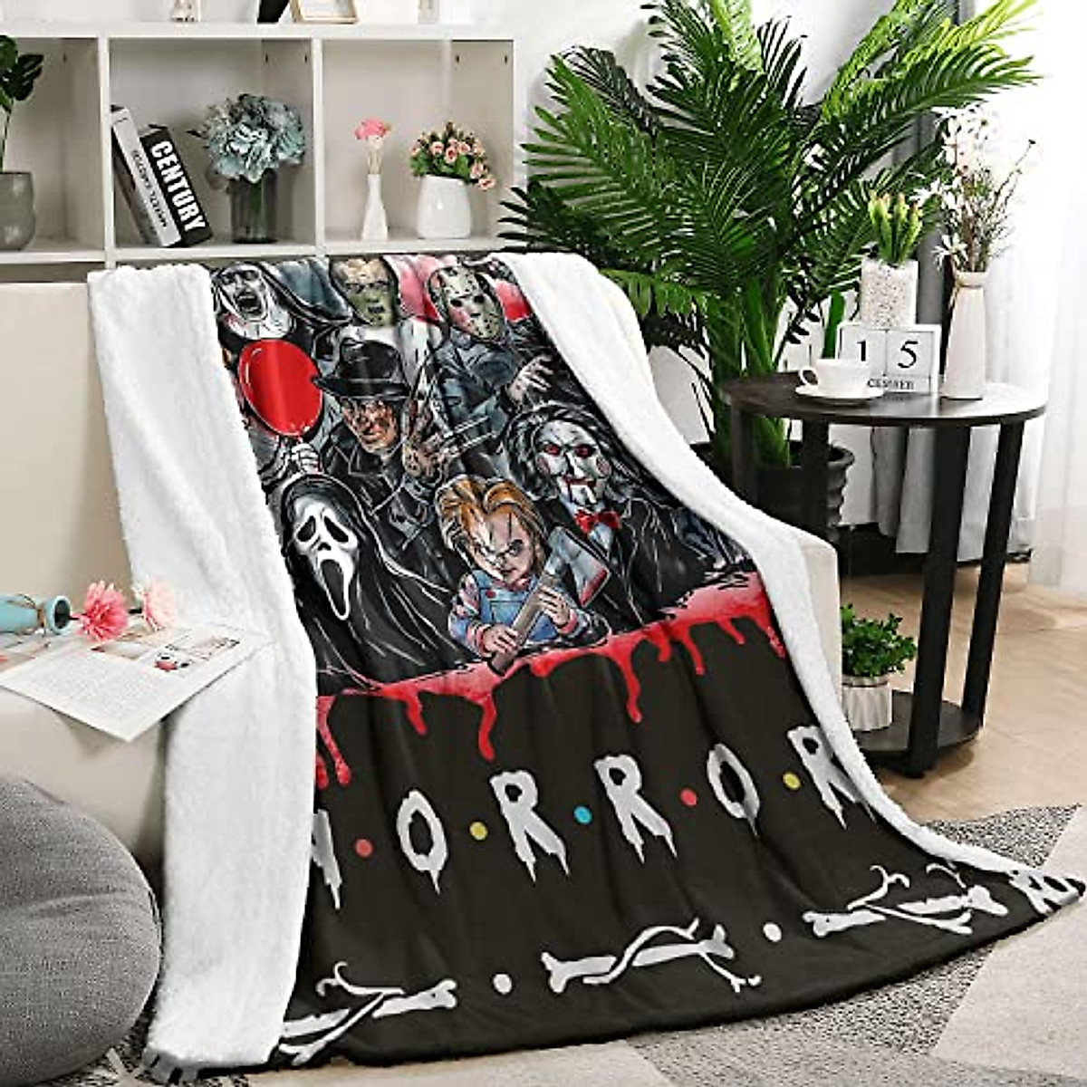 Horror Movie Watching Halloween Throw Blanket Scary Movie Fuzzy Flannel for Couch Sofa or Bed 50inch*60inch